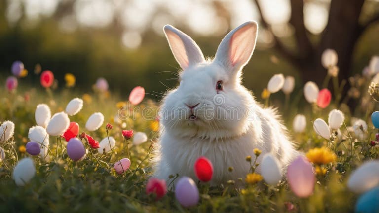 Adorable Fluffy White Rabbit in Spring Flowers with Easter Eggs Stock ...