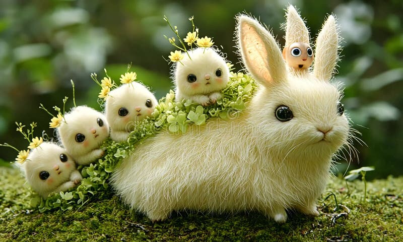 Fluffy White Rabbit with Tiny Creatures Atop, Surrounded by Flowers and ...