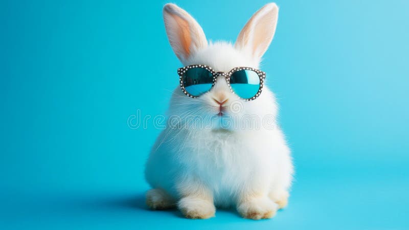 Fluffy White Rabbit Wearing Blue Sunglasses on Blue Background Stock ...