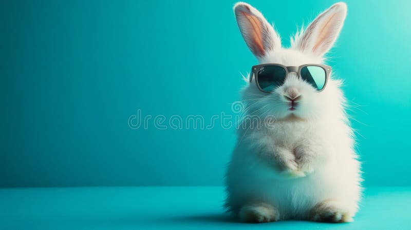Fluffy White Rabbit Wearing Sunglasses on Blue Background Stock ...