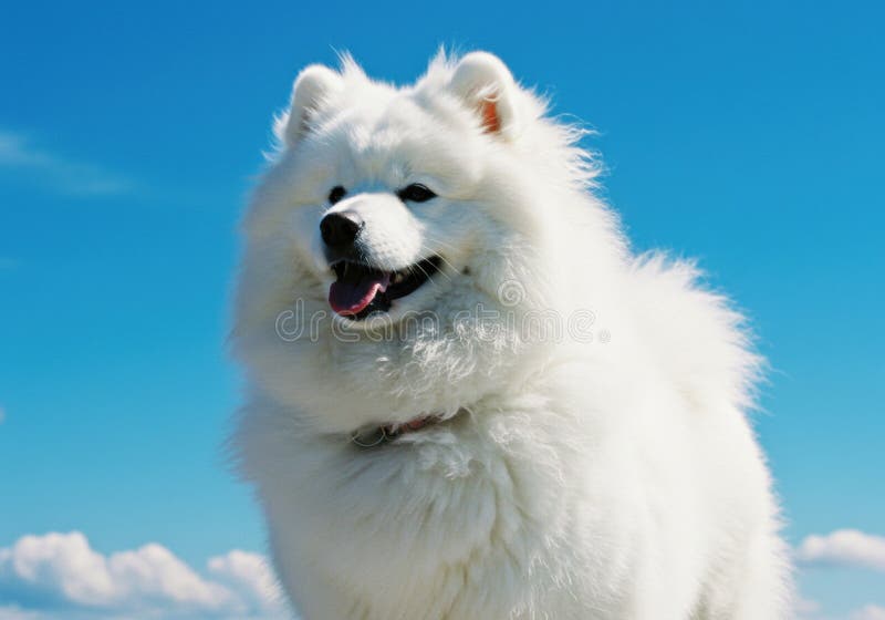 Fluffy White Samoyed Dog Enjoying a Sunny Day Under a Clear Blue Sky ...