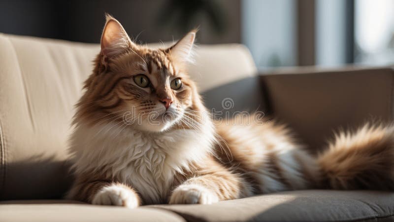 Fluffy White and Tan Cat Relaxing on Sunlit Couch with Calm Expression ...