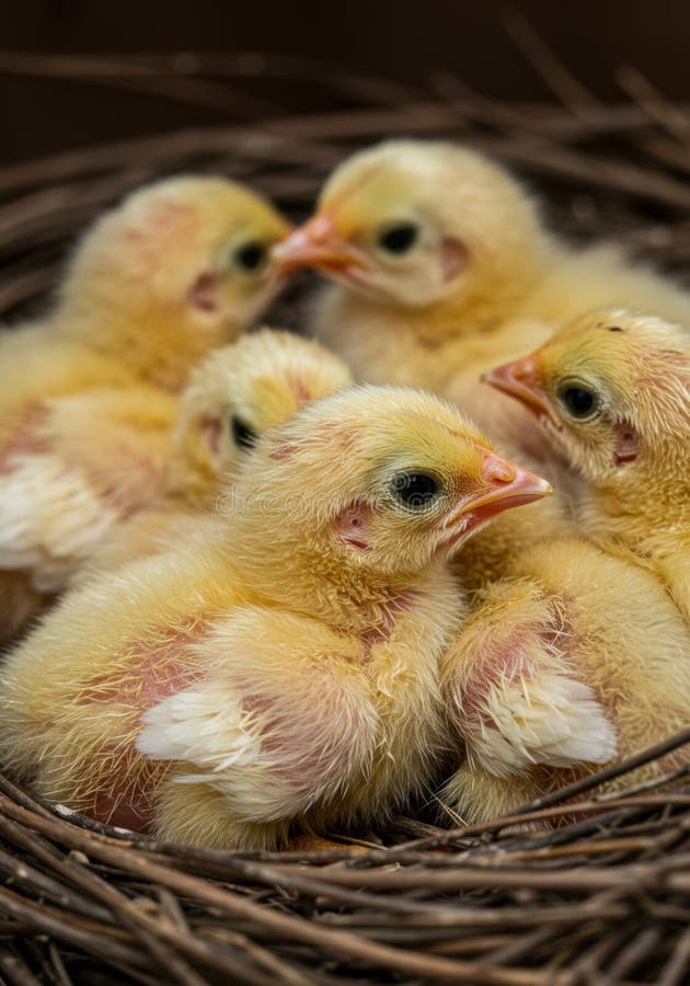 Fluffy Yellow Baby Chicks Huddled in Brown Nest Stock Illustration ...