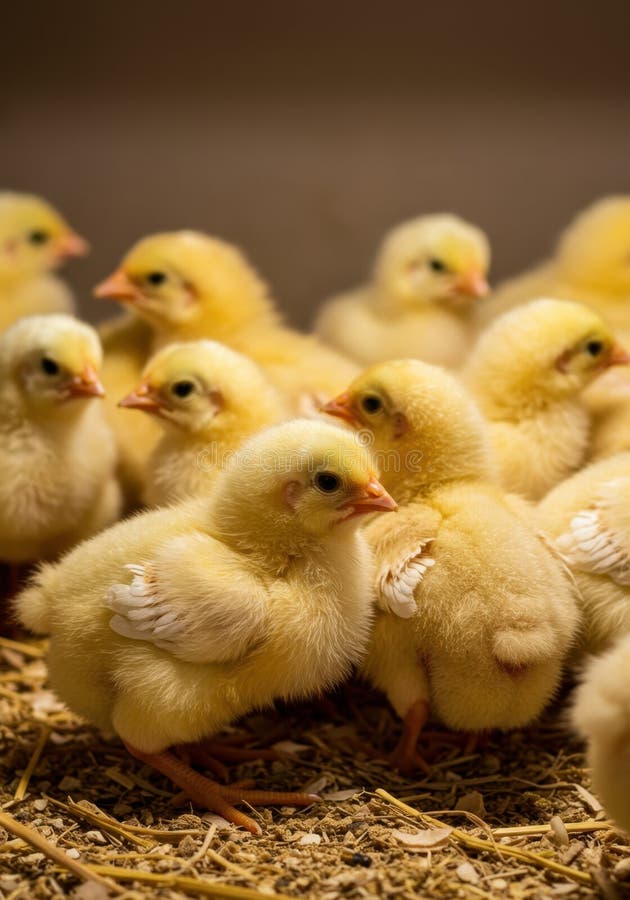 Fluffy Yellow Baby Chicks Huddled Together in Hay Stock Illustration ...