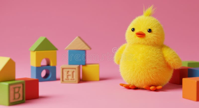 Fluffy Yellow Chick with Colorful Building Blocks on Pink Background ...