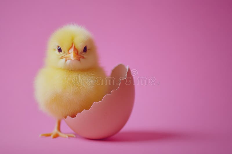 A Fluffy Yellow Chick Hatching from an Eggshell on a Pink Background in ...