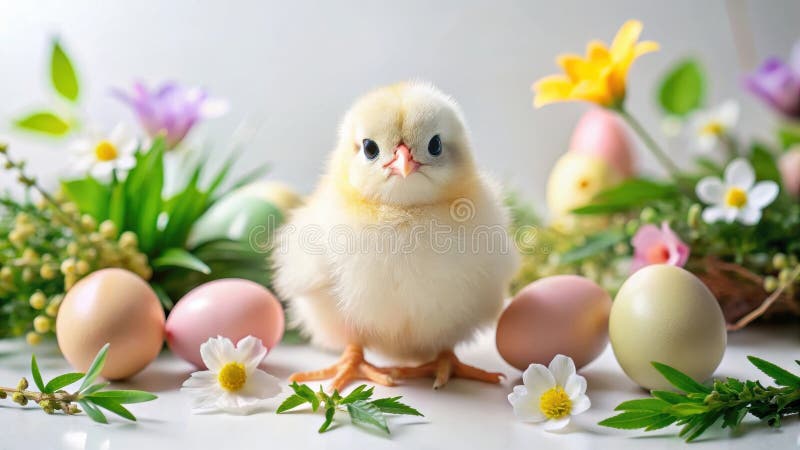 A Fluffy Yellow Chick Nestled among Pastel Eggs and Spring Blossoms, a ...