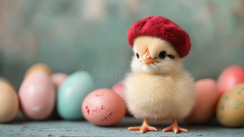 Fluffy Yellow Chick in Red Beret with Pastel Easter Eggs Stock ...