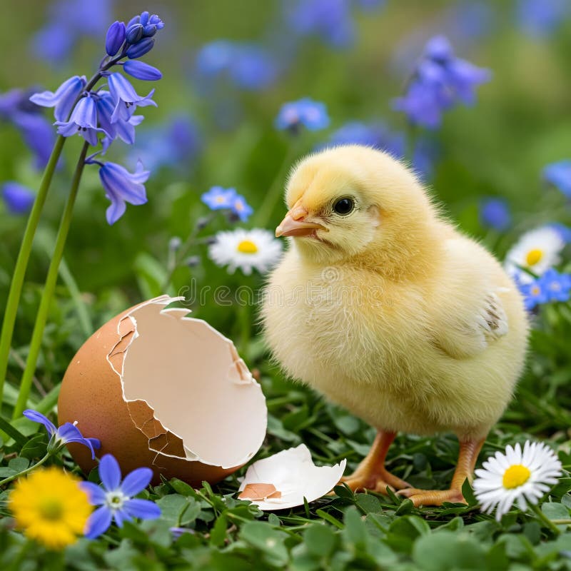 A Fluffy Yellow Chick Stands on Grass beside a Cracked Eggshell ...