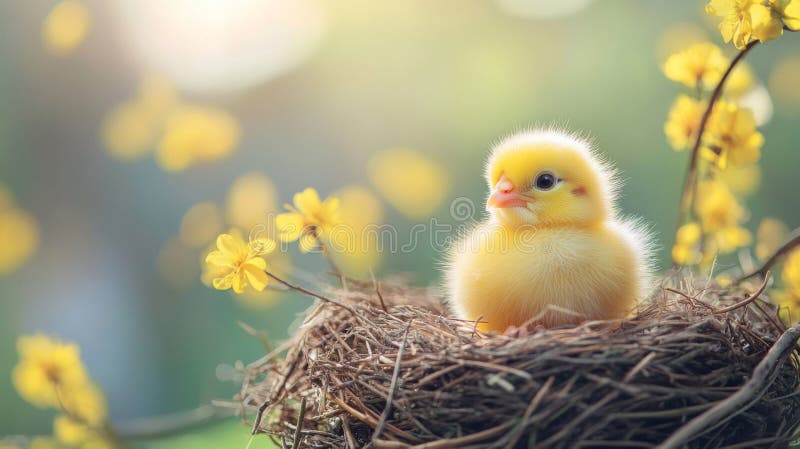 A Fluffy Yellow Chickling Rests in Its Nest among Spring Blossoms Stock ...