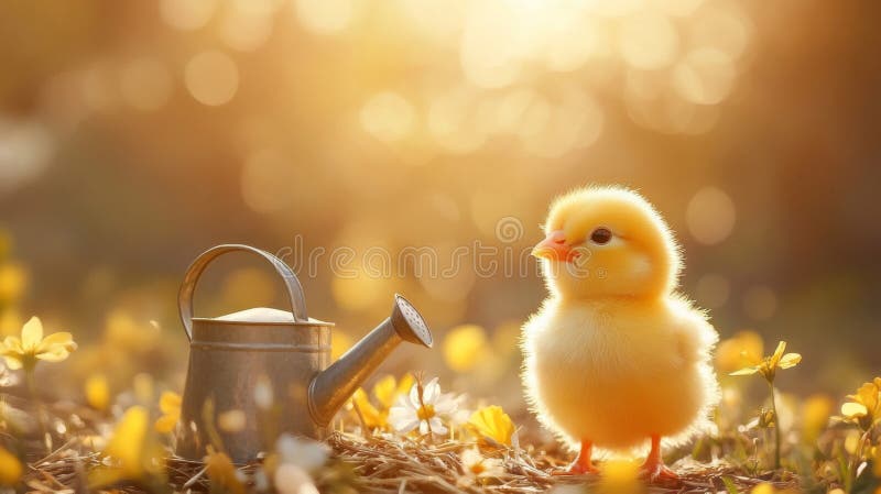 A Fluffy Yellow Chickling beside a Tiny Watering Can Stock Illustration ...