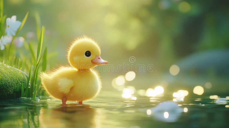 Fluffy Yellow Duckling by the Water in Spring Stock Illustration ...