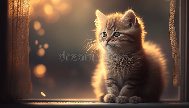 Fluffy Yellow Kitten Staring Out Window Curiously Generated by AI Stock ...