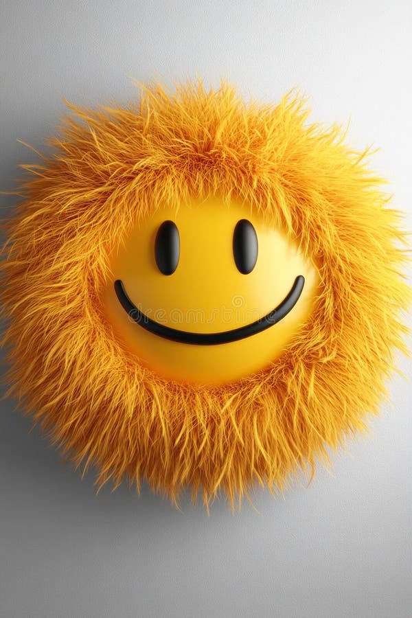 Fluffy Yellow Smiley Face with Fur Texture on Light Wall Background ...