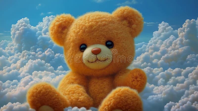 Fluffy Yellow Teddy Bear in Dreamy Cloud Sky Stock Footage - Video of ...