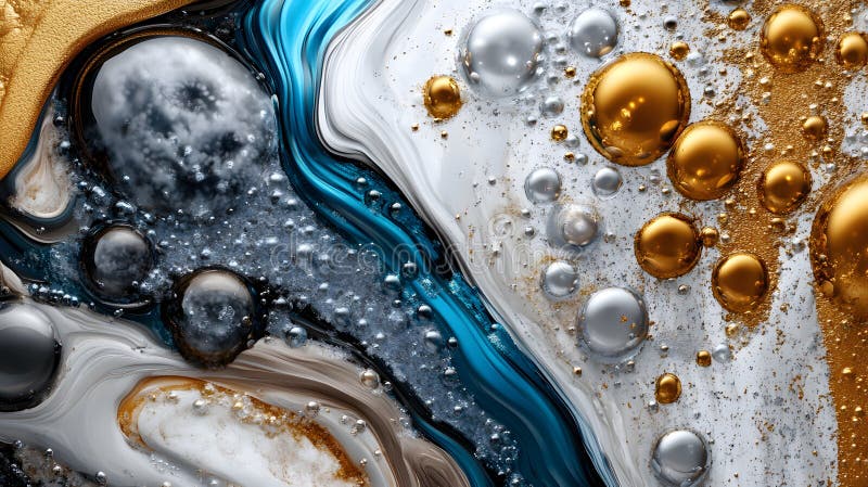 Fluid Abstract Art Featuring Mix of Blue Gold and Silver Textures with ...