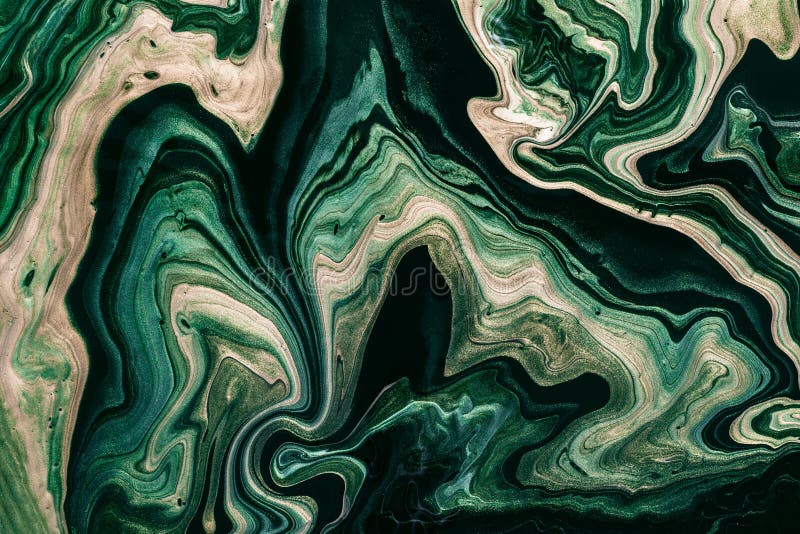 Fluid Art Black Marble Background With Dark Green And Golden Waves