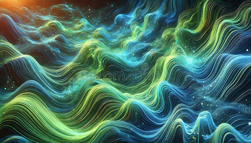Fluid, Bioluminescent Wave Patterns in Vivid Greens and Blues with a ...