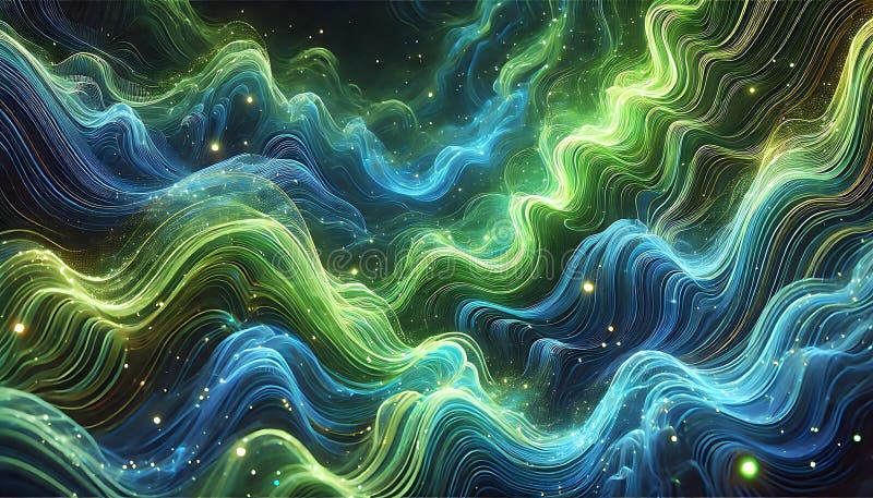 Fluid, Bioluminescent Wave Patterns in Vivid Greens and Blues with a ...