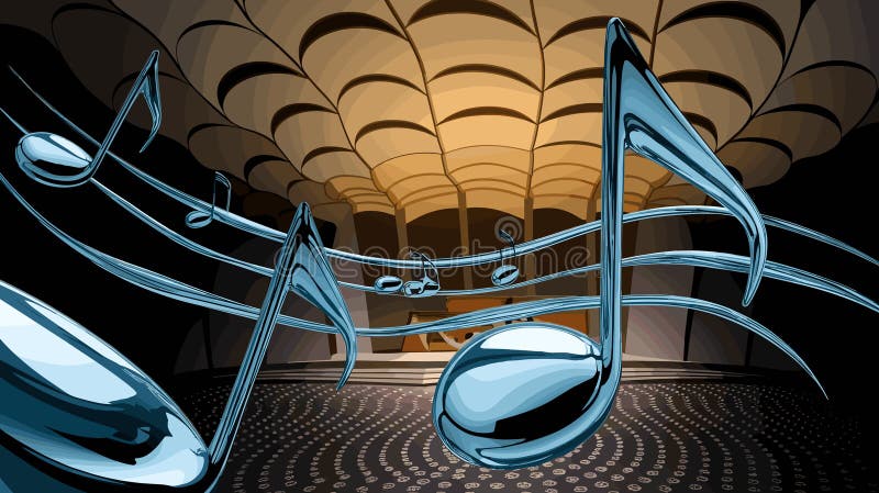 Fluid 3D Music Notes Made of Mercury, Reflecting a Distorted Concert ...