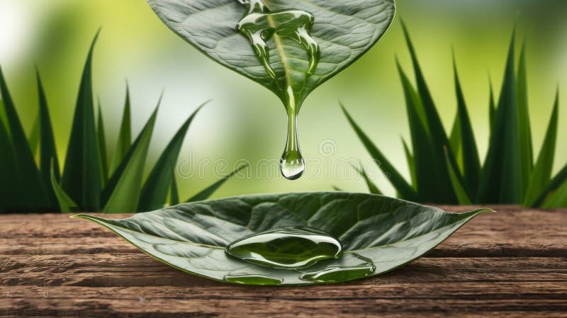 Fluid Drops Falling from a Leaf, Symbolizing Herbal and Natural ...