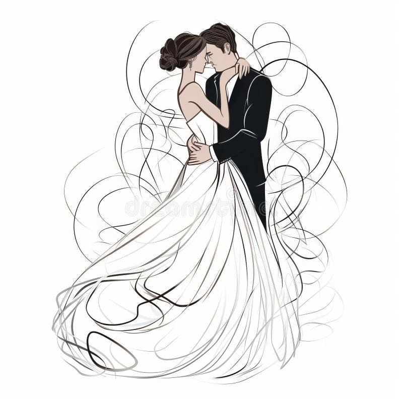 Fluid and Dynamic Wedding Illustration with Continuous Line Bride and ...