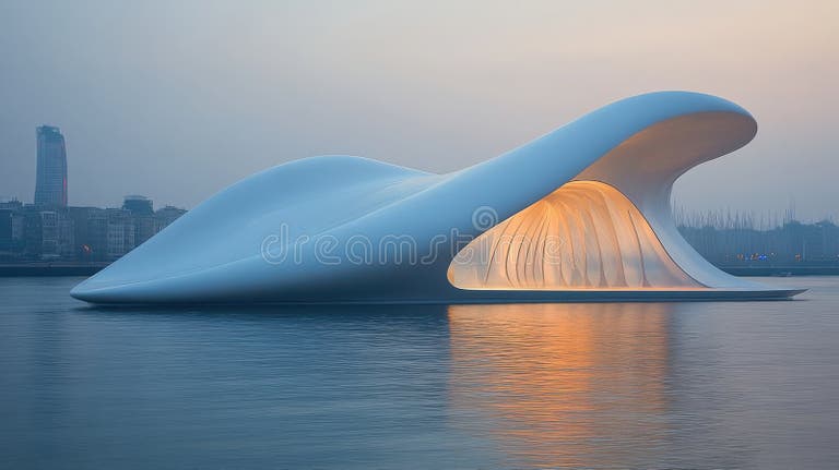 Fluid White Architectural Structure on Water at Dusk Stock Image ...