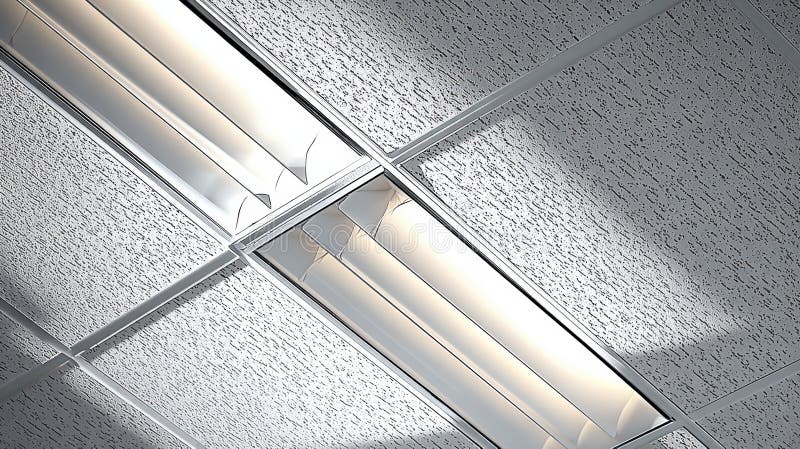 Fluorescent Ceiling Lights Illuminate White Acoustic Panels in a Modern ...