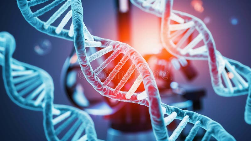 Fluorescent DNA Strands in Research Lab Under Microscope Stock ...