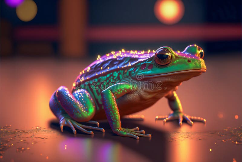 Fluorescent Frog Stands on a Reflective Surface. Three Dimensional ...
