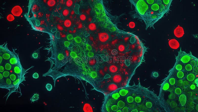 Fluorescent Microscopy of Cancer Cells with Red and Green Staining ...
