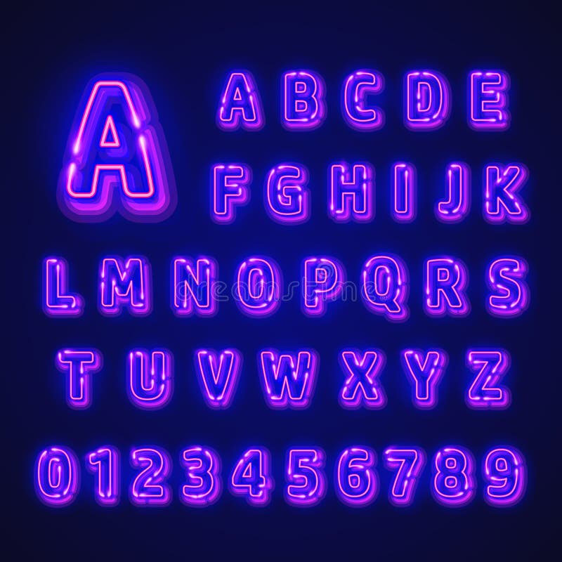 Fluorescent Neon Font on Dark Background. Nightlight Alphabet. Vector ...
