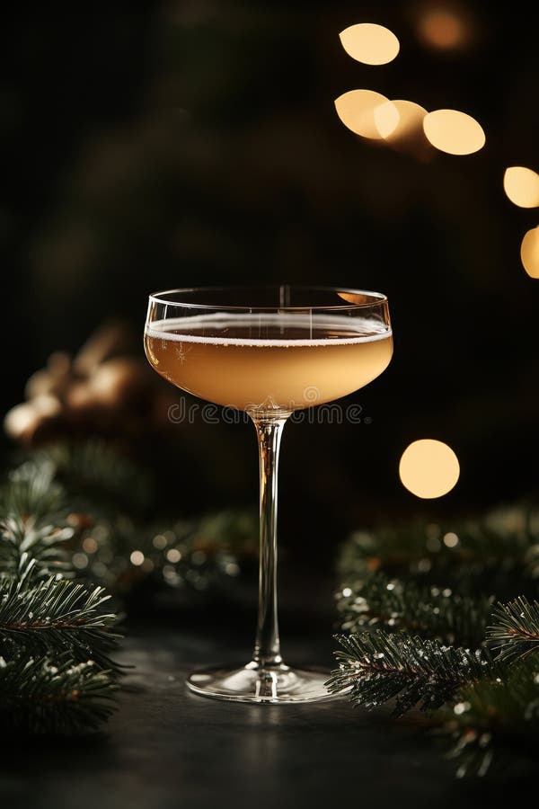 A Flute of Coctail with Sparkling Wine on a Table Decorated with Fir ...