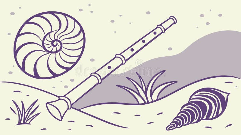 Flute with Seashells on Serene Sandy Beach Vector Art. Vector Design ...