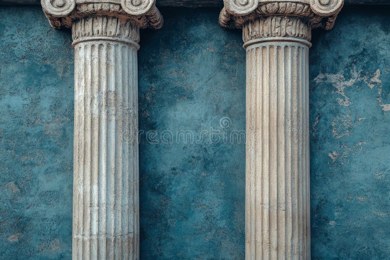 Fluted Columns with Capitals Stand Out Against a Distressed Blue Wall ...