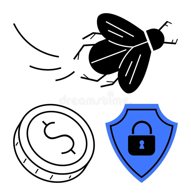 Fly, Coin with Dollar Sign, and Blue Security Shield with Lock ...