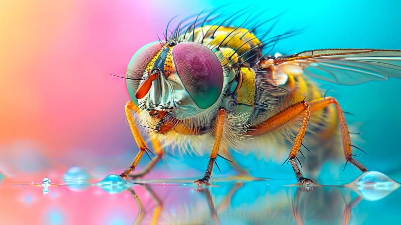 A Fly with Colorful Wings and Water Droplets Stock Photo - Image of ...