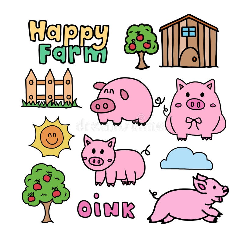 Hand Drawn Pigs, Apple Tree, Cottage, Wood Fence, Sun, Cloud for Happy ...