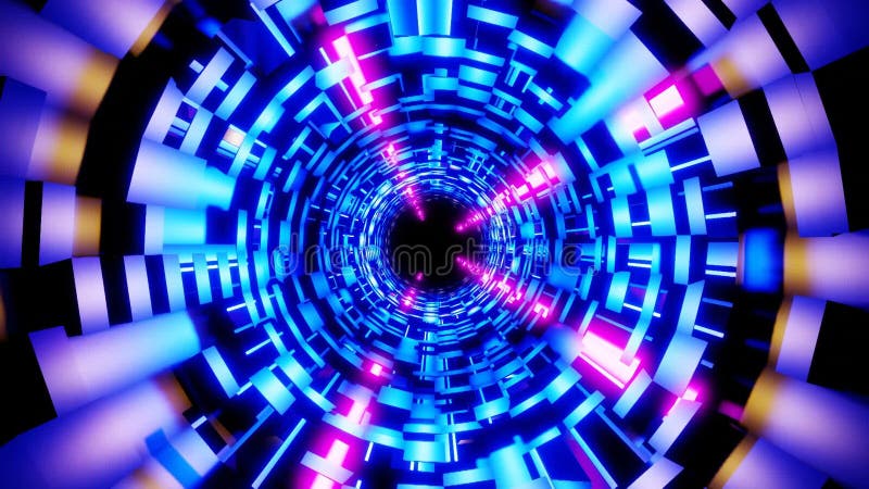 Fly through Creative Space with Neon Glow. Sci-fi Flight through Technology Tunnel. Hologram and ...