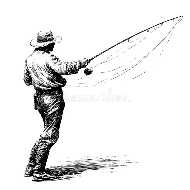 Fly Fisherman Casting Rod, Vintage Illustration Stock Illustration ...