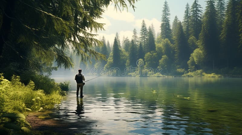 Fly Fisherman is Standing in the River, Catching Some Fish Stock ...