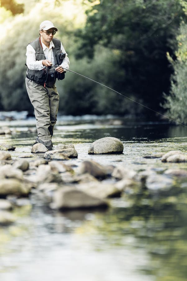 Fly Fisherman Using Flyfishing Rod. Stock Image - Image of equipment ...