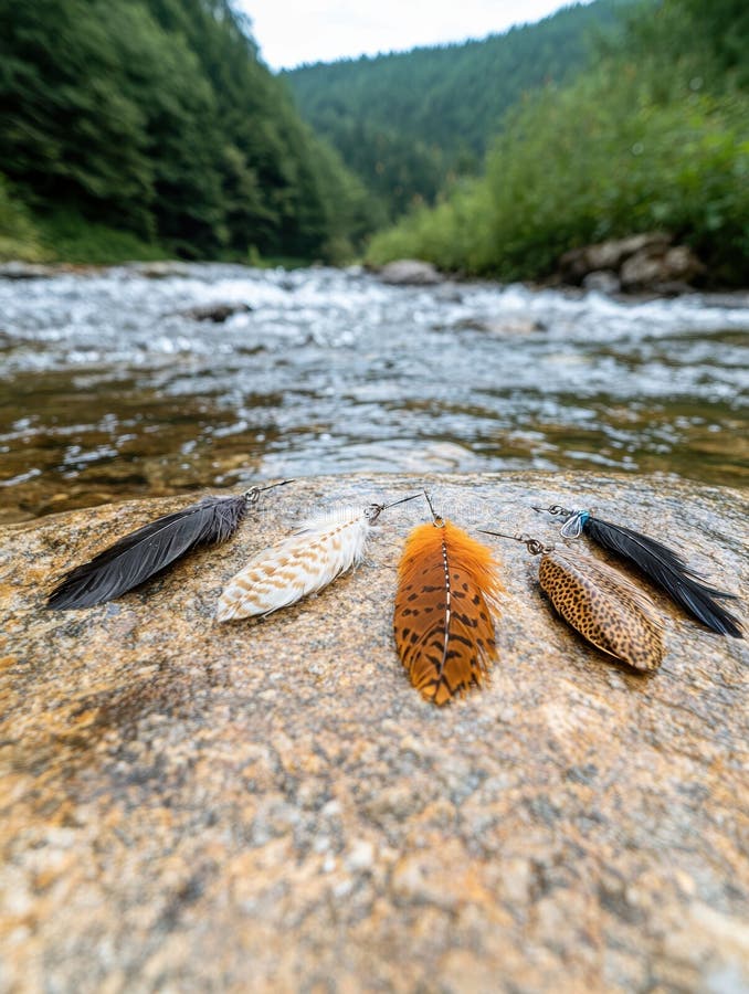 Fly Fishing Lures on a Rock by a River. Stock Illustration ...