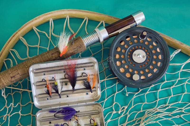 Fly fishing rod and net stock image. Image of natural - 18201803