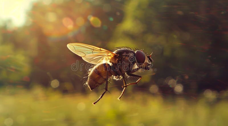 A Fly Flying in the Air with Sunlight Behind it Stock Photo - Image of ...