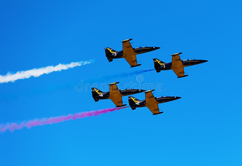 Fly Groups Planes in Sky. Air Show Stock Photo - Image of closeup ...
