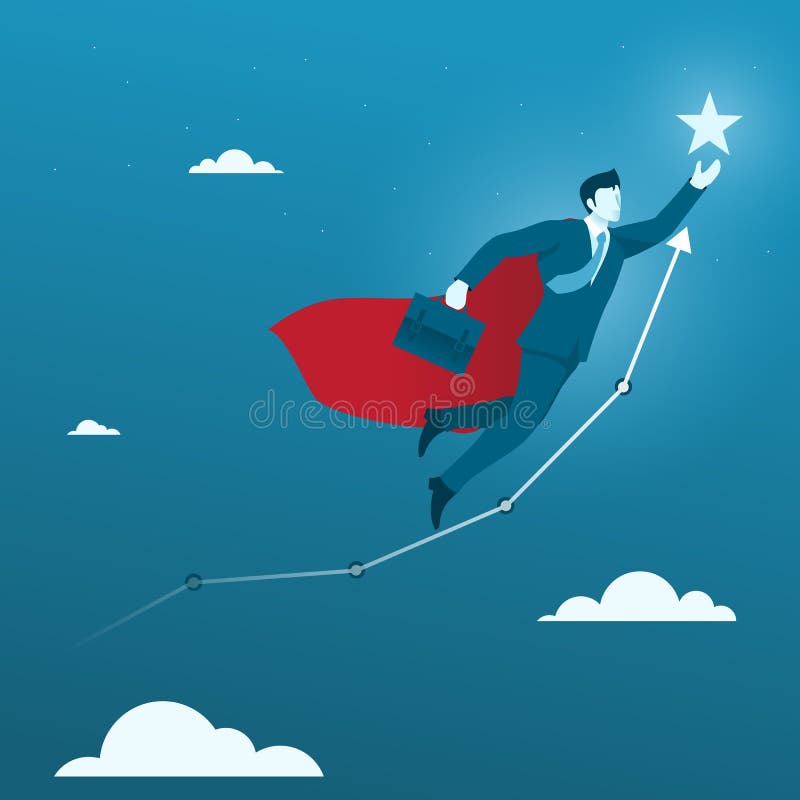 Fly High To the Goal. Flat Businessman Flying To the Star Target Goal ...