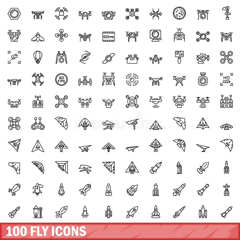 100 Fly Icons Set, Outline Style Stock Vector - Illustration of sport ...