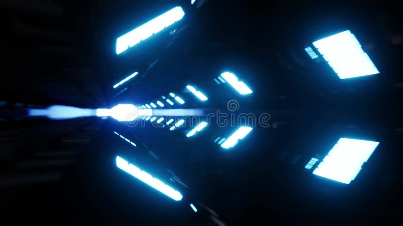 Fly Inside Of Futuristic Metallic Corridor With Blue Laser Neon Lines