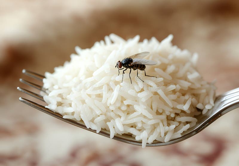 A Fly Lands on a Forkful of White Rice Stock Illustration ...